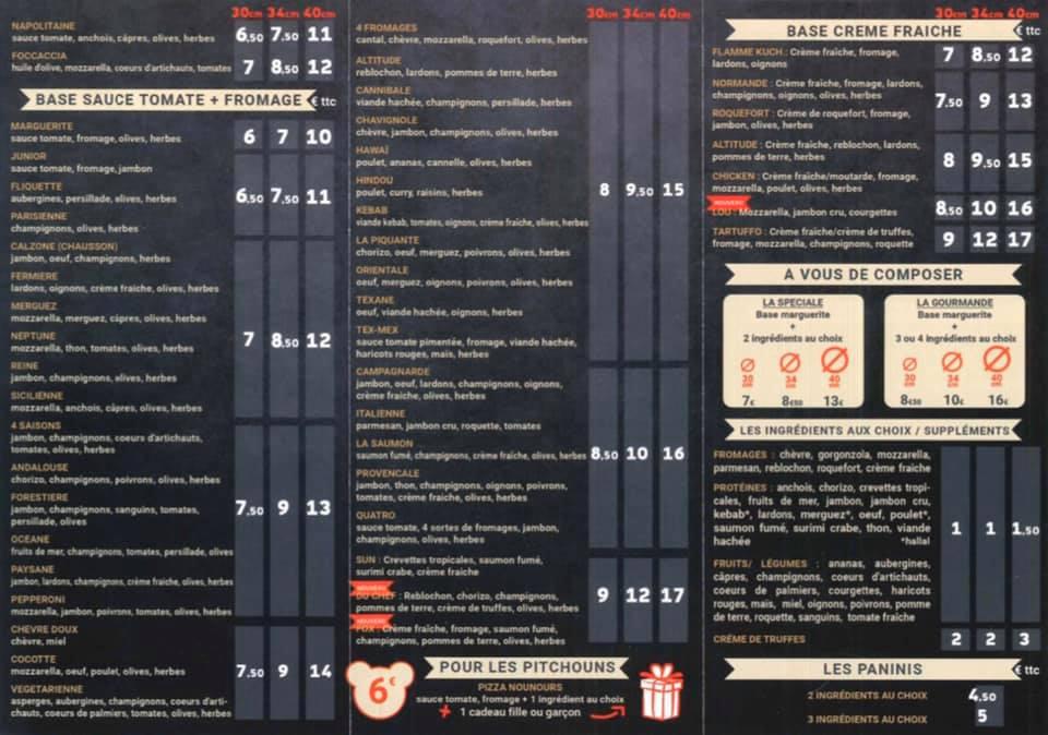 Menu at Pizza Sun restaurant, Menton