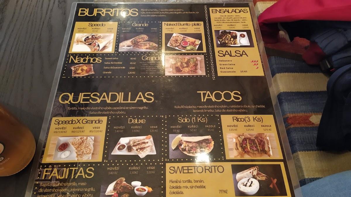 Menu at Taco Bonito restaurant, Brno