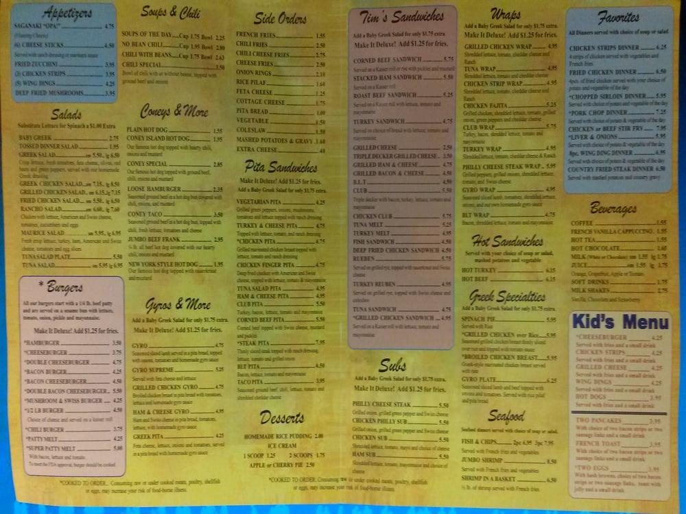 Menu at Tim's Coney Island Restaurant, Allen Park