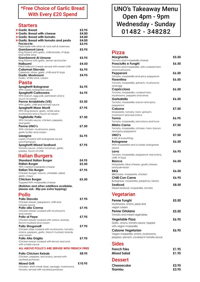 Menu at Uno's Trattoria Pizzeria, Hull