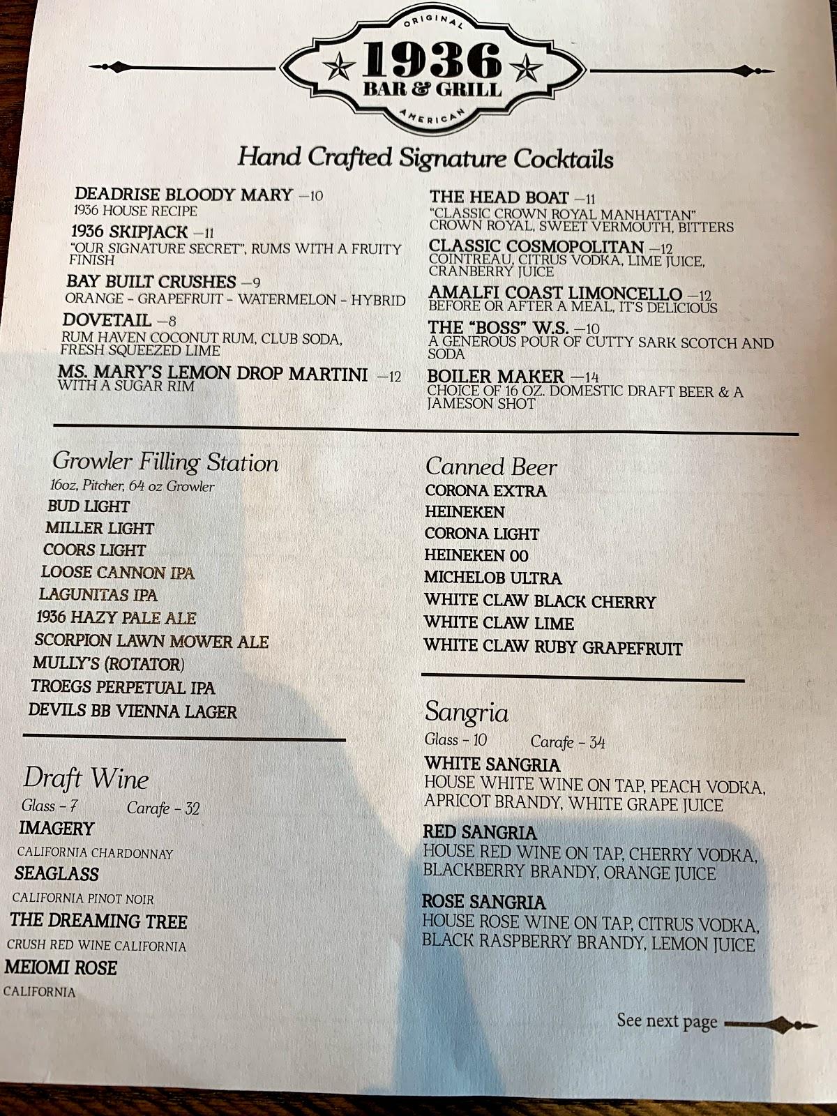 Menu at 1936 Bar & Grill, Chesapeake Beach