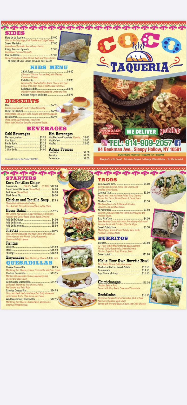 Menu at Coco Taqueria restaurant, Sleepy Hollow
