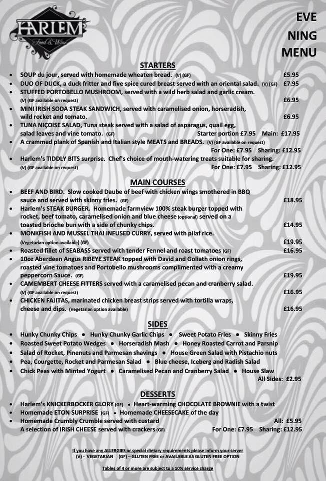 Menu at Igor Toth restaurant, Belfast