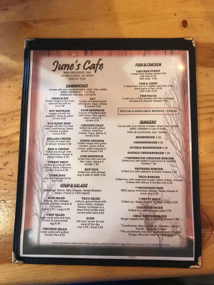 Menu at June's Cafe, Heber-Overgaard