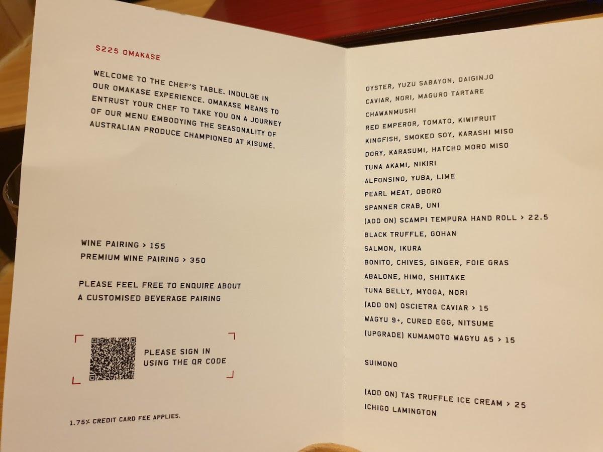 Menu at Kisumé restaurant, Melbourne
