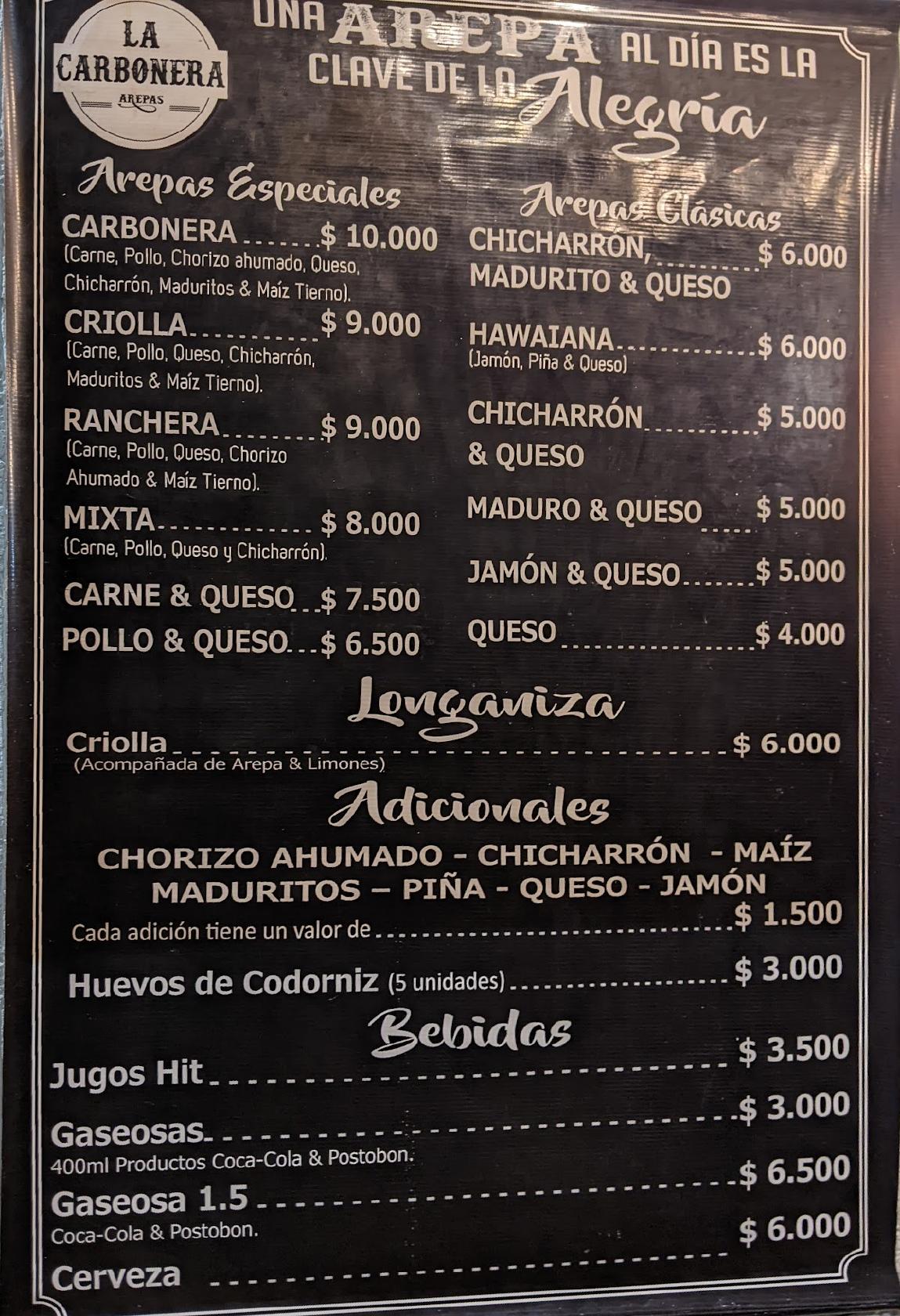 Carta del restaurante LA CARBONERA AREPAS LA POLA, Ibagué