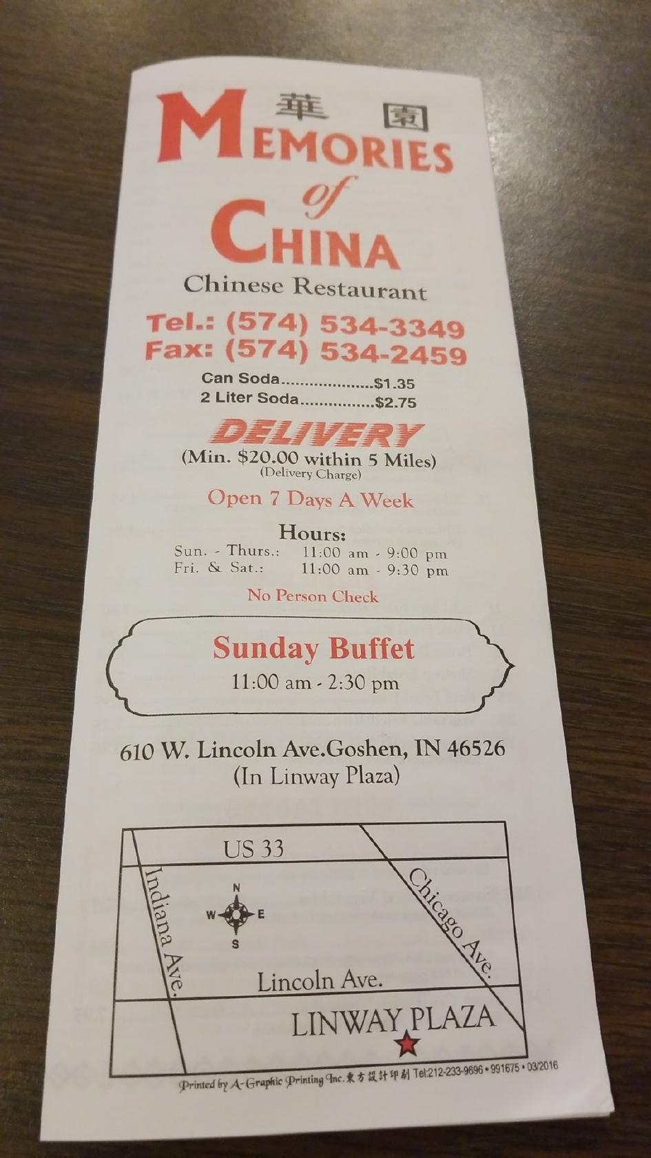 Menu at Memories of China restaurant, Goshen
