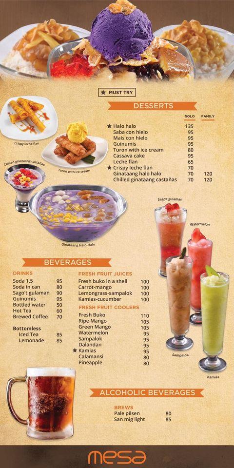 Menu at Mesa restaurant, Las Pinas, Evia Lifestyle Center