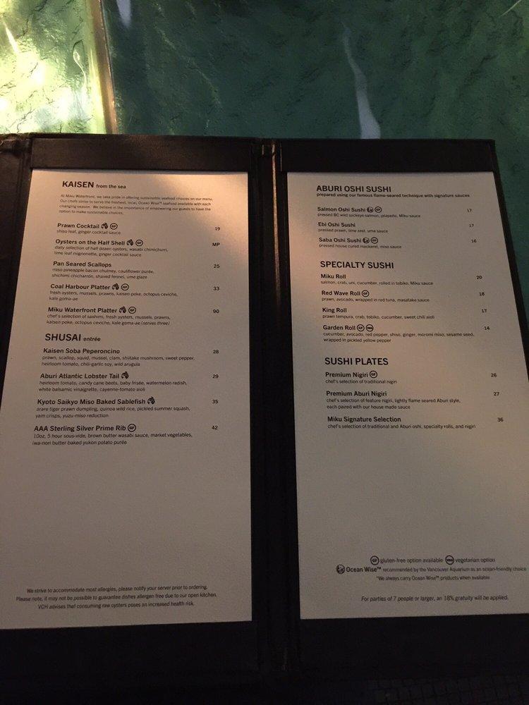 Menu at Miku Vancouver restaurant, Vancouver