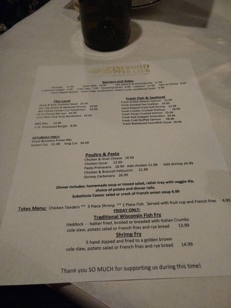 Menu at Pinewood Supper Club, Mosinee