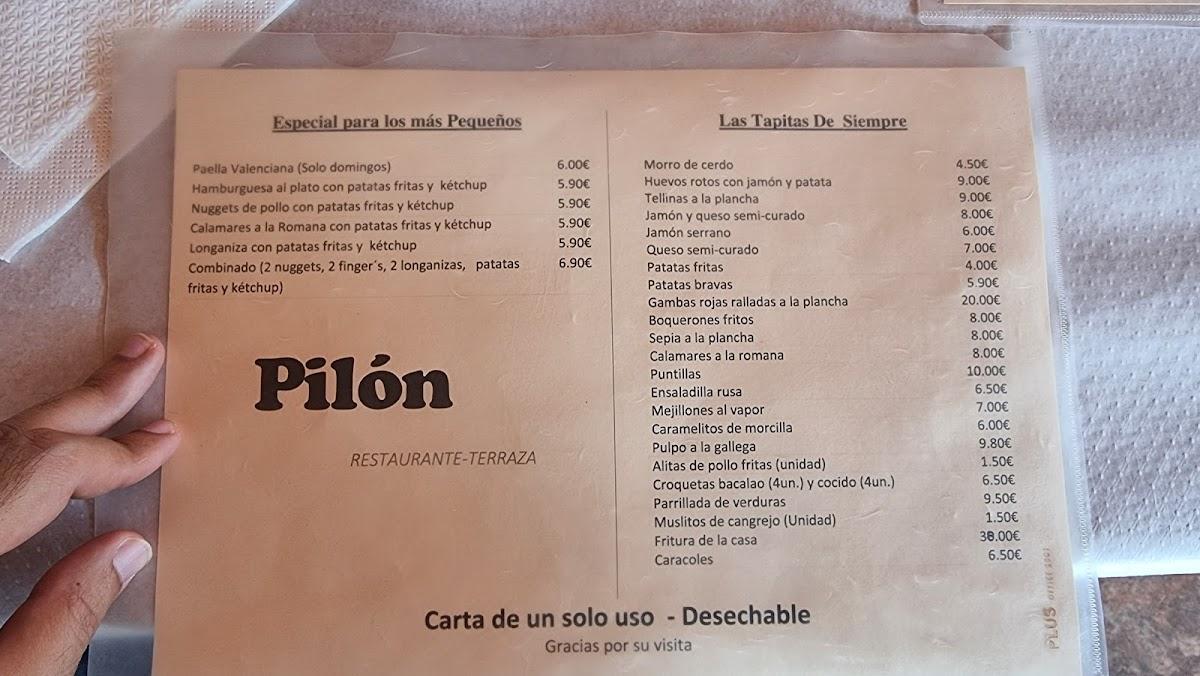 Carta de Restaurante Terraza El Pilón, Burriana, Av. Mediterrania