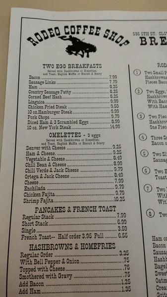 Menu at Rodeo Coffee Shop restaurant, Clovis