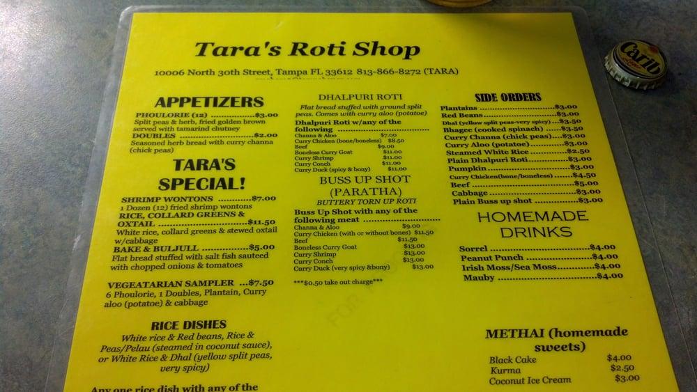 Menu at Tara's Roti Shop restaurant, Tampa