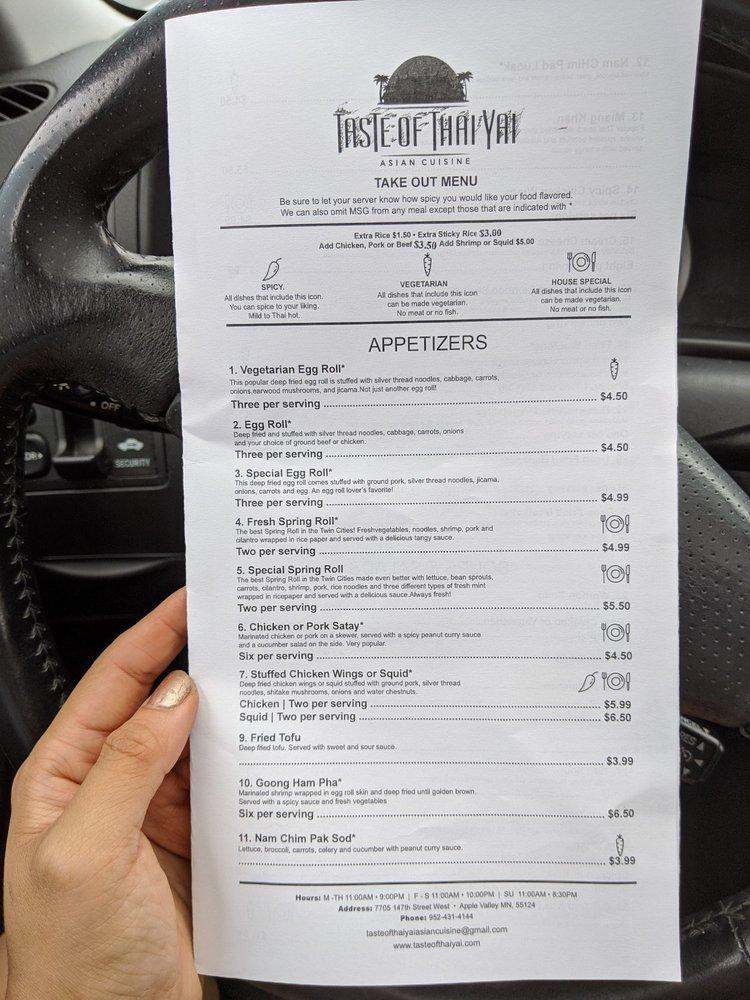 Menu at Taste of Thaiyai restaurant, Apple Valley