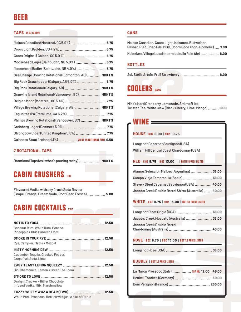 Menu at The Cabin Pub + Party, Edmonton