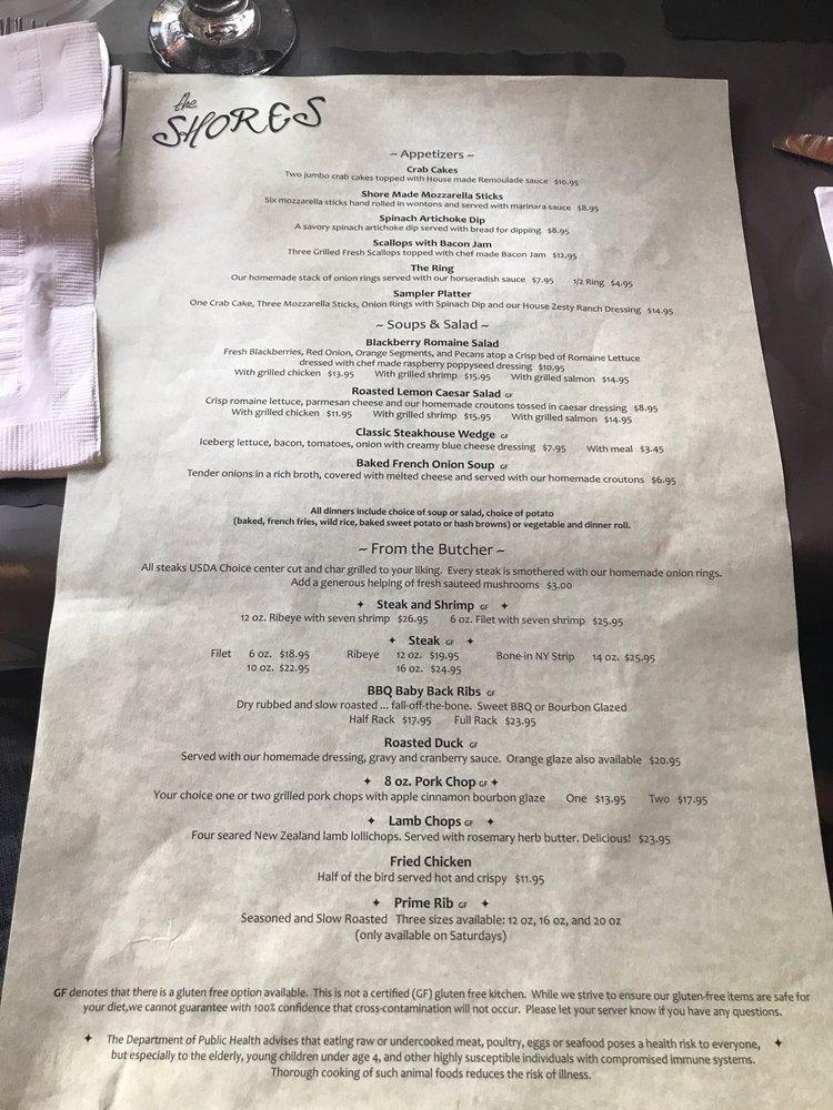 Menu at The Shores of Fox Lake steakhouse, Fox Lake