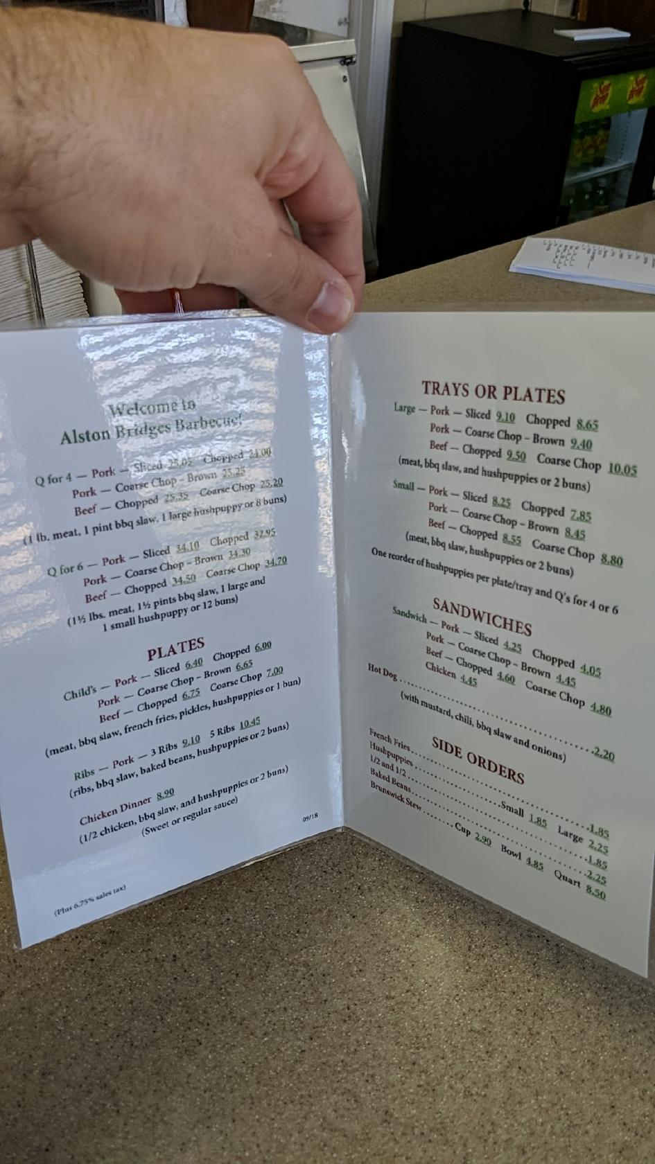 Menu at Alston Bridges Barbecue, Shelby