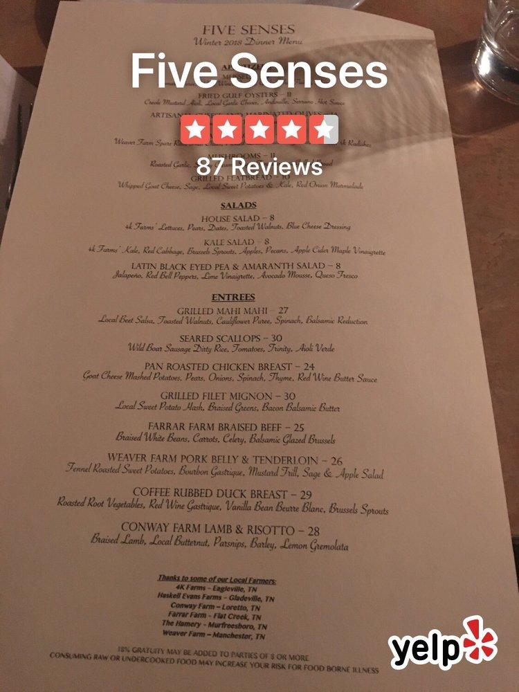 Carta de Five Senses Restaurant, Bar & Catering, Murfreesboro