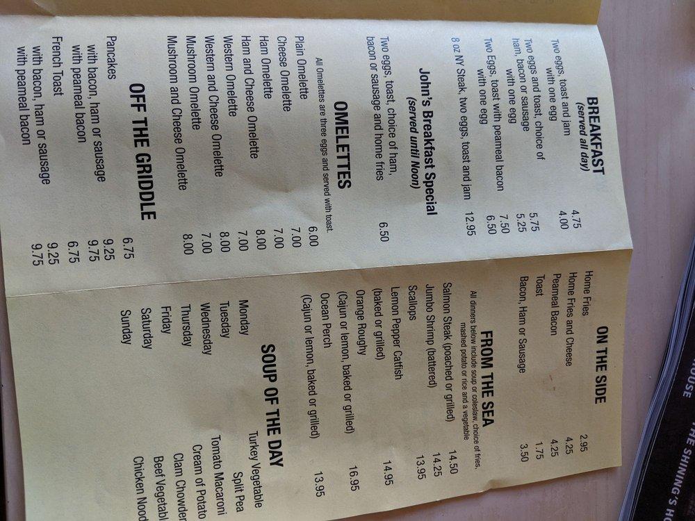 Menu at John's Restaurant, Niagara Falls