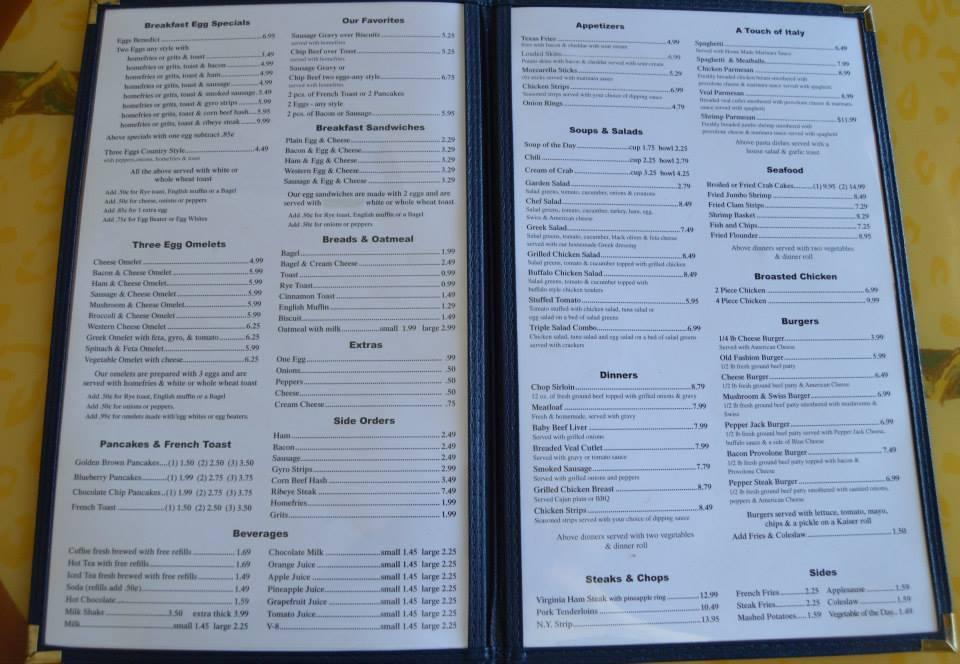 Menu at Mikes Diner, New Smyrna Beach