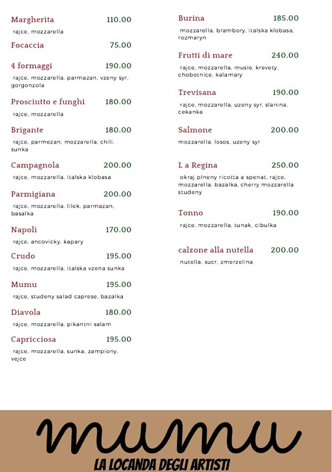 Menu at Mumu Locanda restaurant, Tuchoměřice