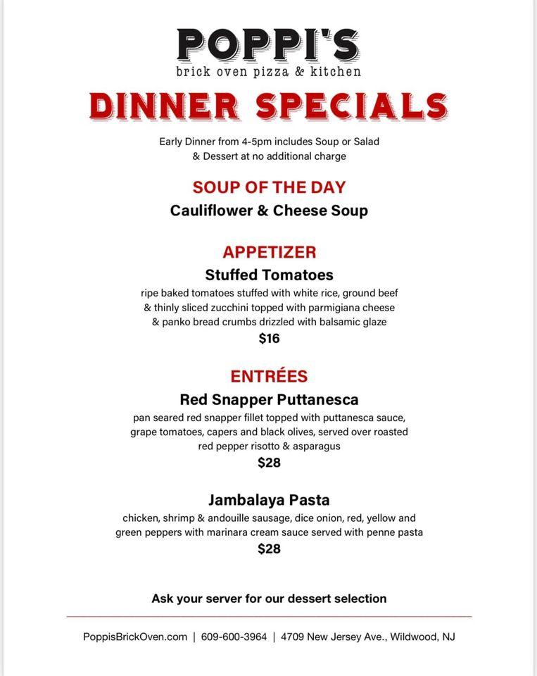 Menu at Poppi's Brick Oven Pizza & Kitchen pizzeria, Wildwood
