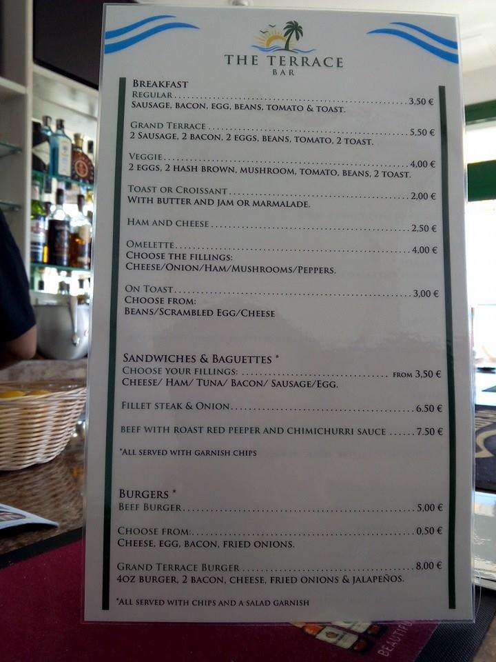 Menu at The Terrace Bar, Playa Blanca