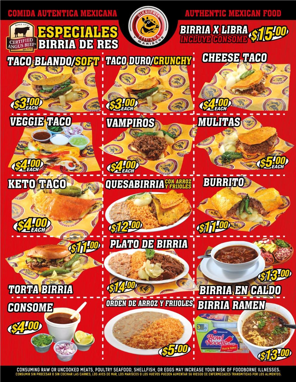 Menu at Birrieria Tijuana restaurant, Everett