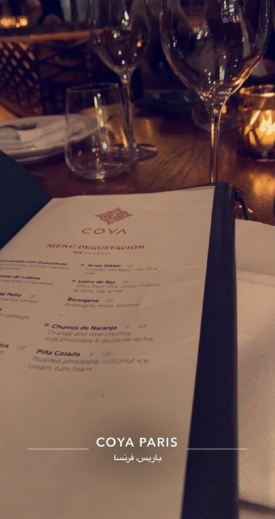 Menu at COYA Paris restaurant, Paris