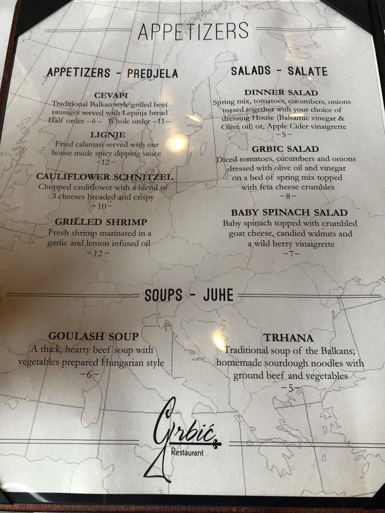 Menu at Grbic Private Events restaurant, St. Louis