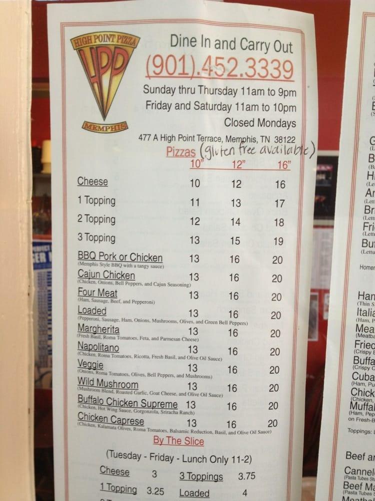 Menu at High Point Pizza pizzeria, Memphis, 477 High Point Terrace