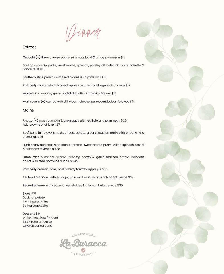 Menu at La Baracca Espresso Bar & Trattoria, Lismore