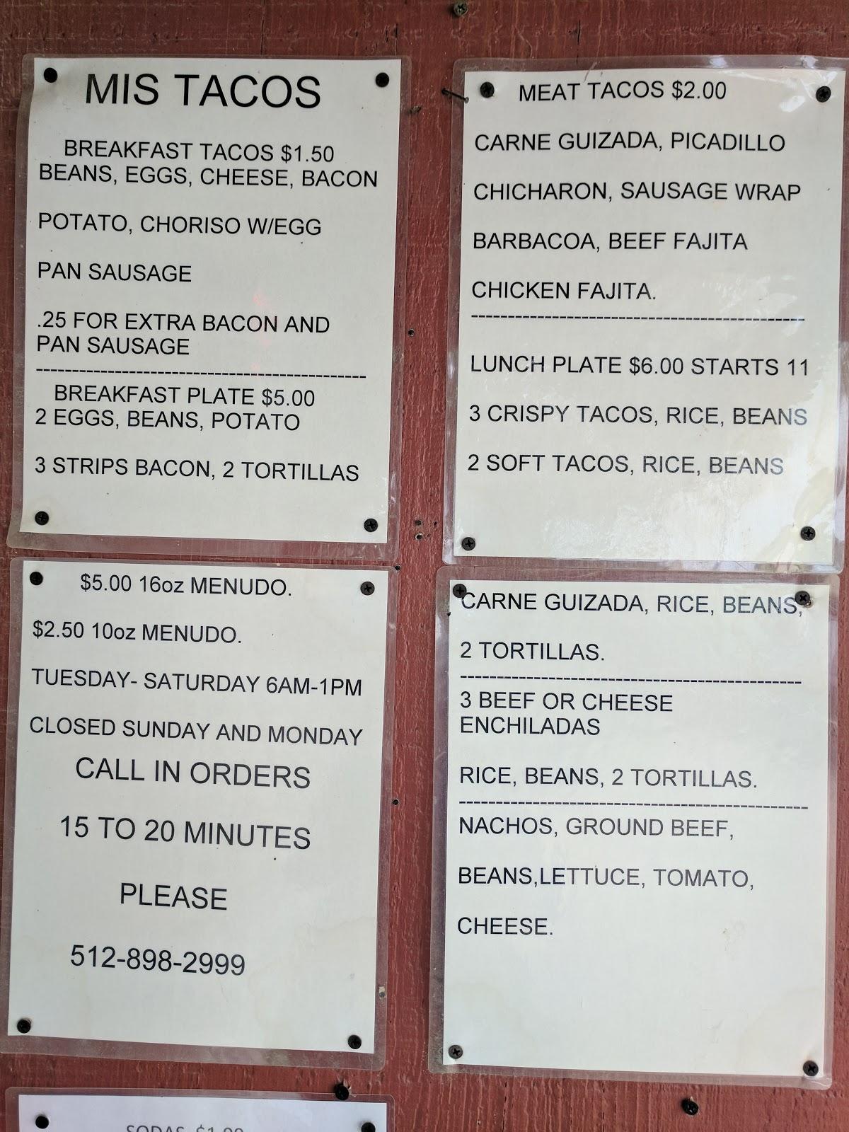 Menu at Mis Tacos restaurant, Thrall
