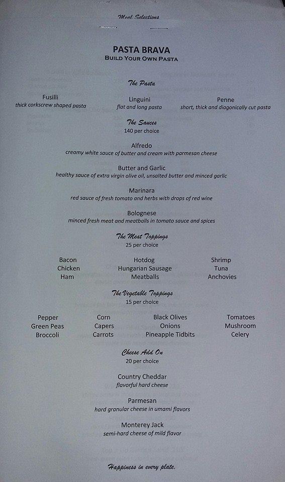 Carta del restaurante Pasta Brava, Iloílo, PG4X+J8F