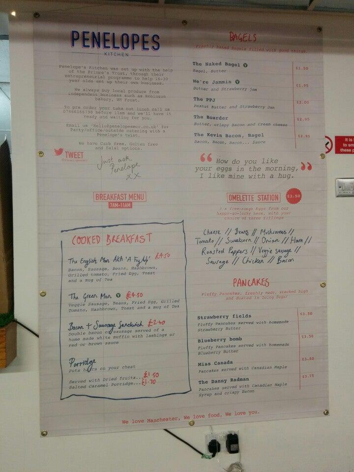 Menu at Penelope's cafe, Salford, 101 Broadway