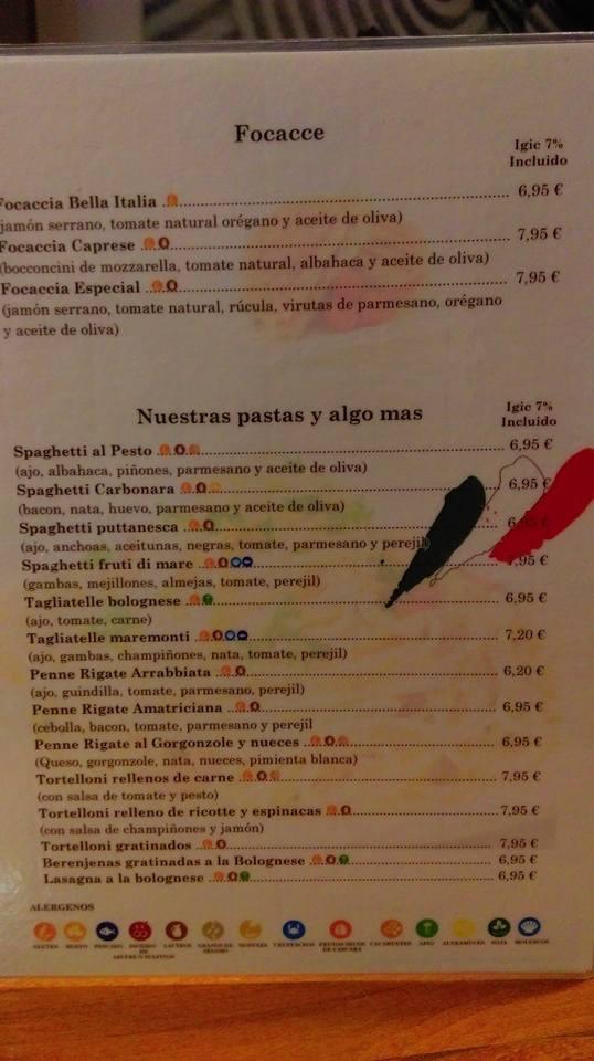 Menu at Pizzería Caprese, Tejina