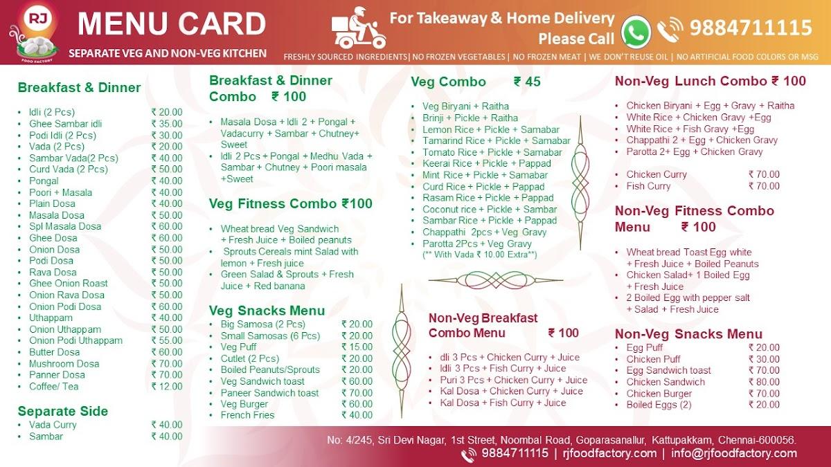 Menu at RJ Food Factory, Chennai