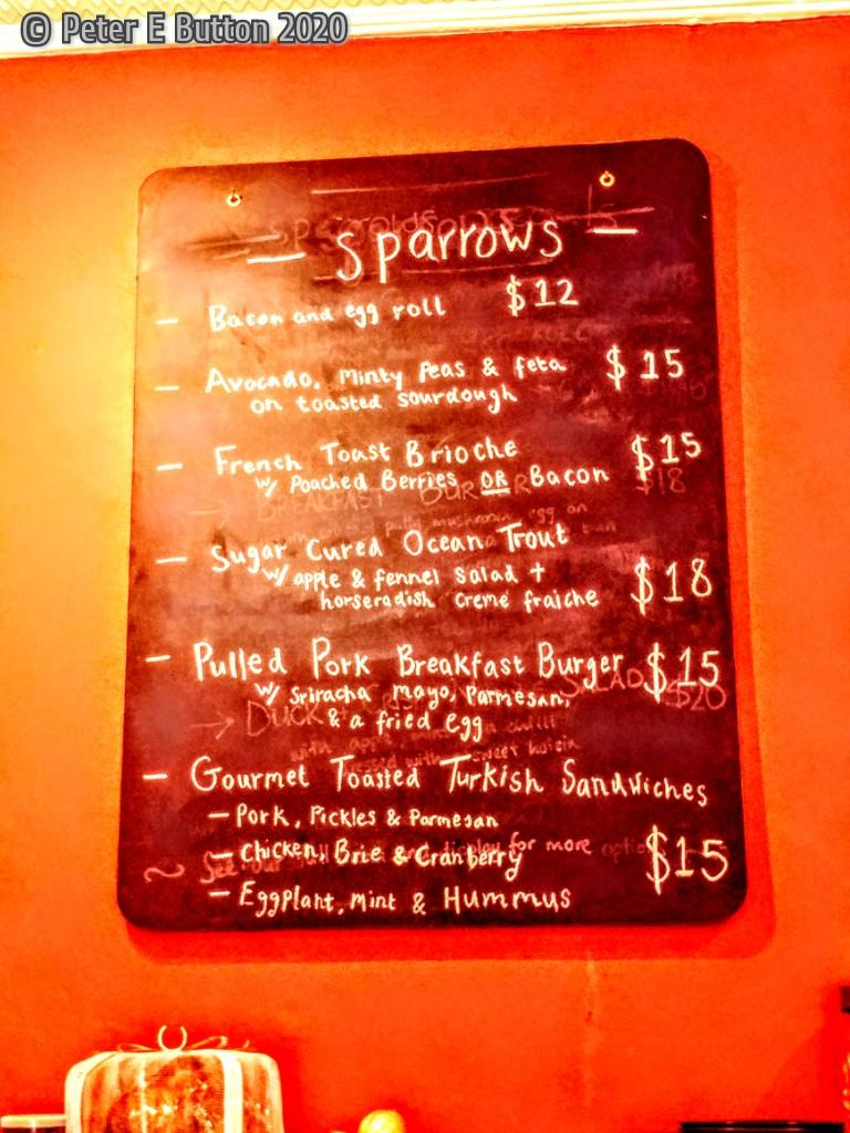 Menu at Sparrows Leura cafe, Leura