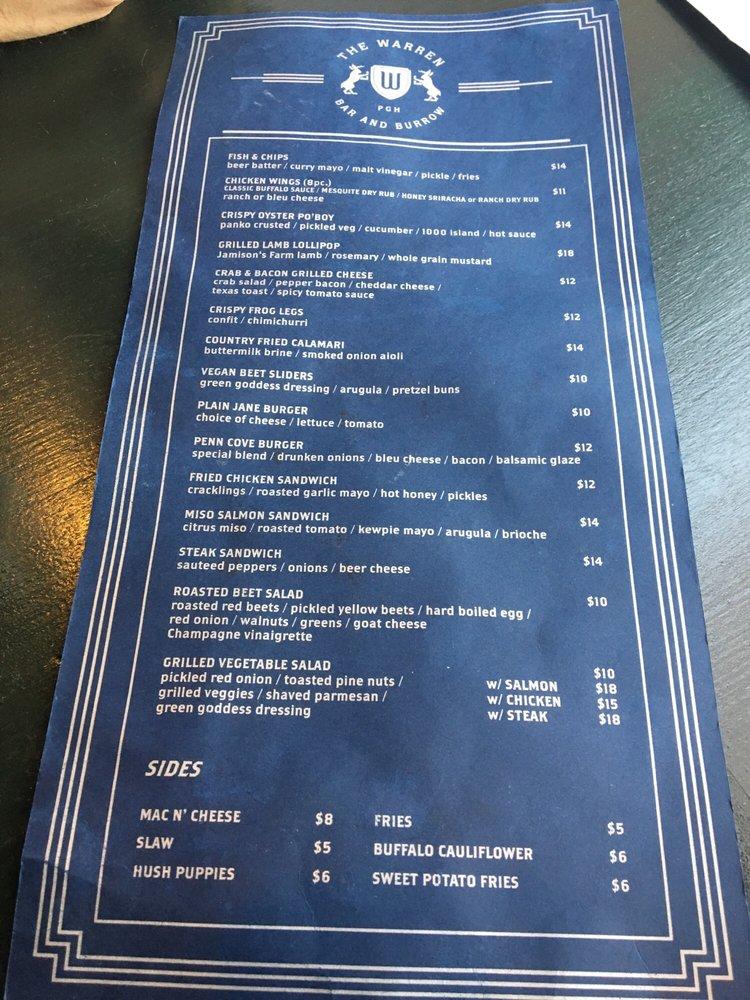 Menu at The Warren Bar & Burrow, Pittsburgh