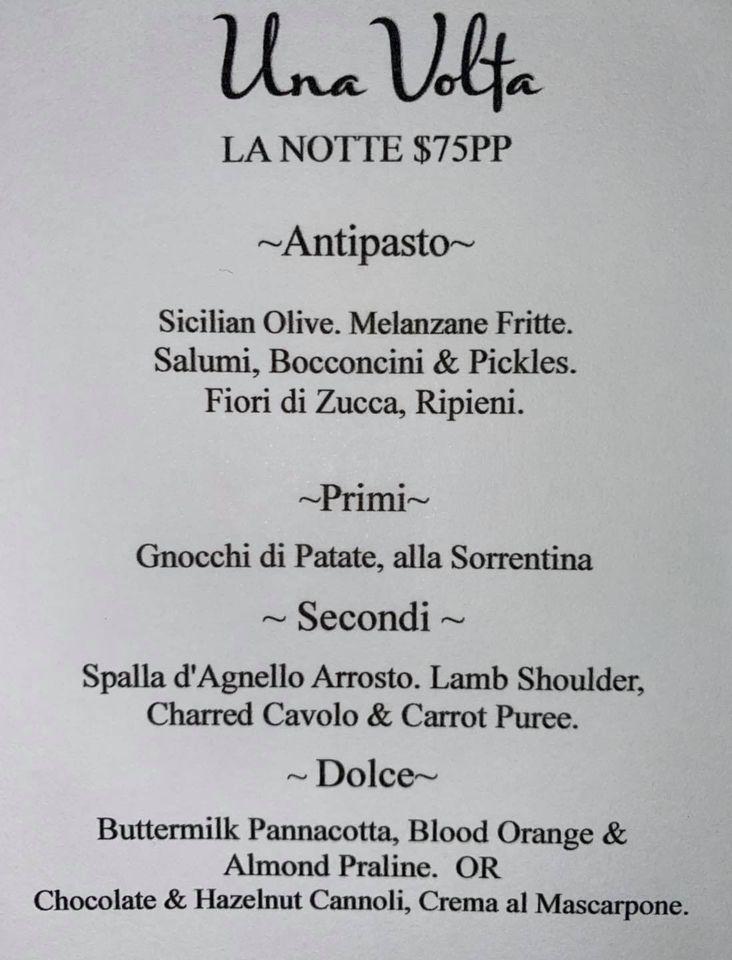 Menu at Una Volta restaurant, Newcastle