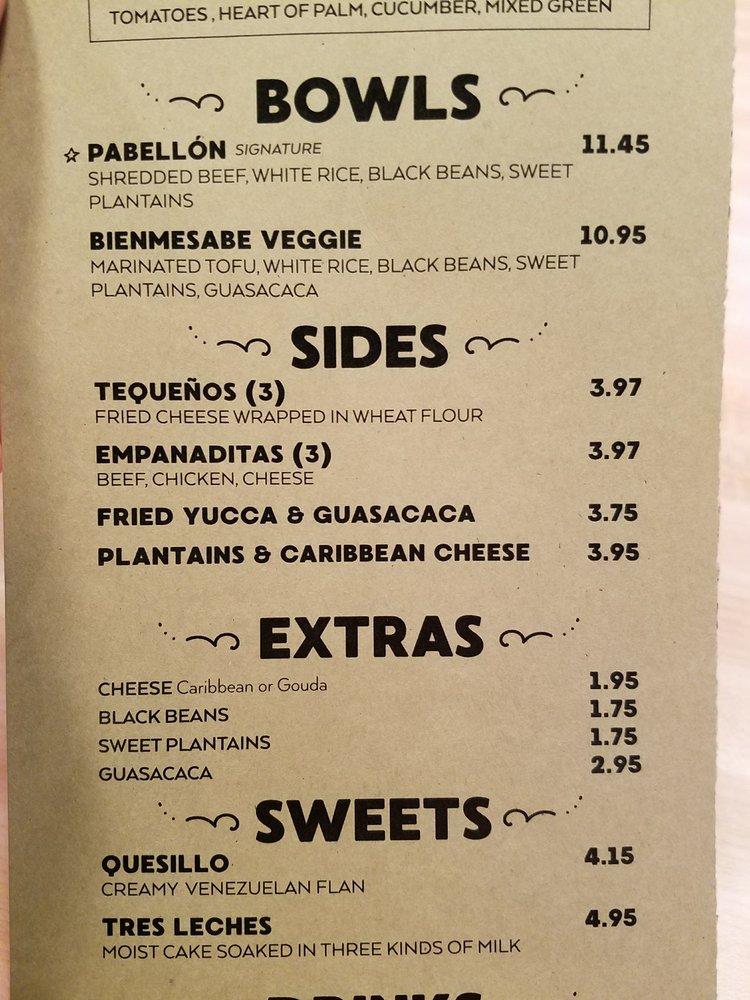 Carta de BienMeSabe Venezuelan Arepa Bar, Chicago, 29 E Adams St