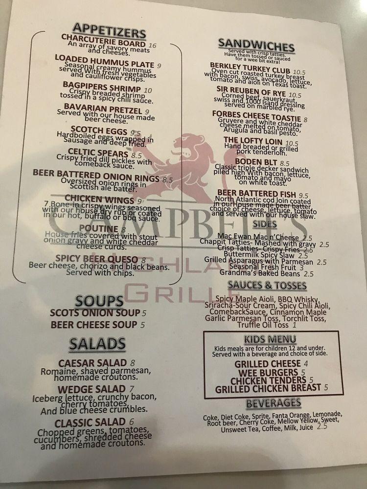Menu at Campbell's Highland Grille pizzeria, Greenwood