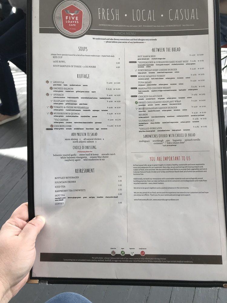 Menu at Five Loaves Cafe, Summerville, 214 N Cedar St