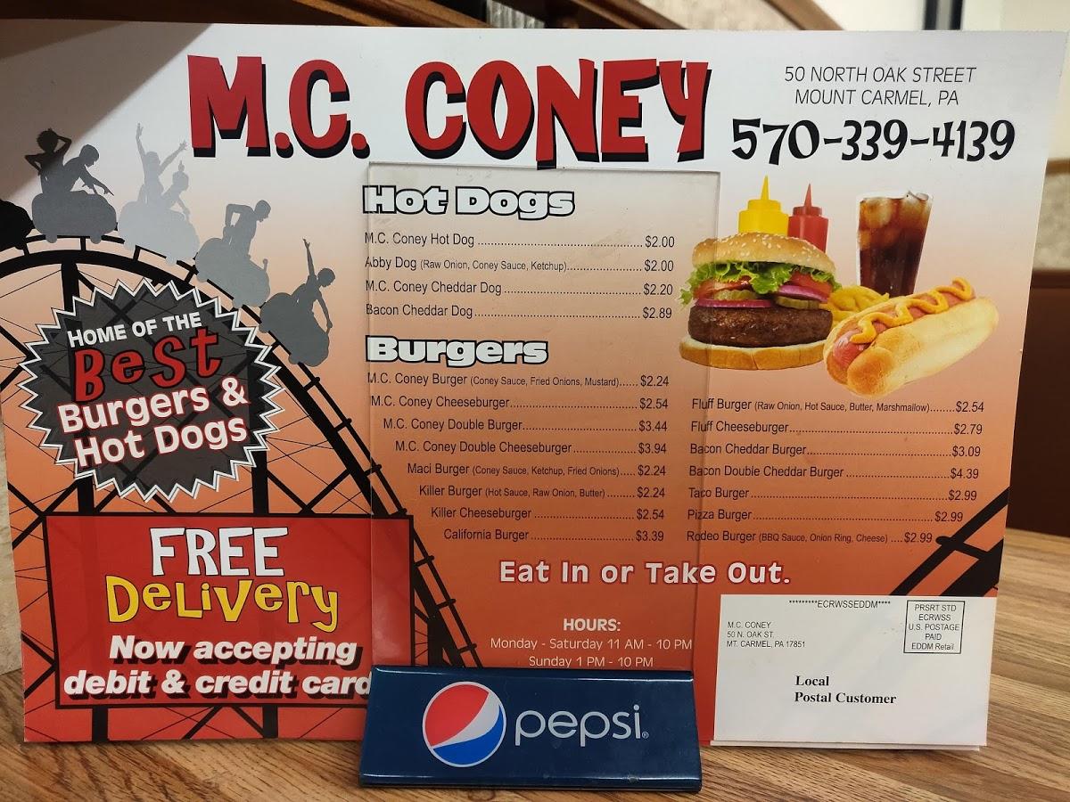 Menu at M C Coney restaurant, Mount Carmel