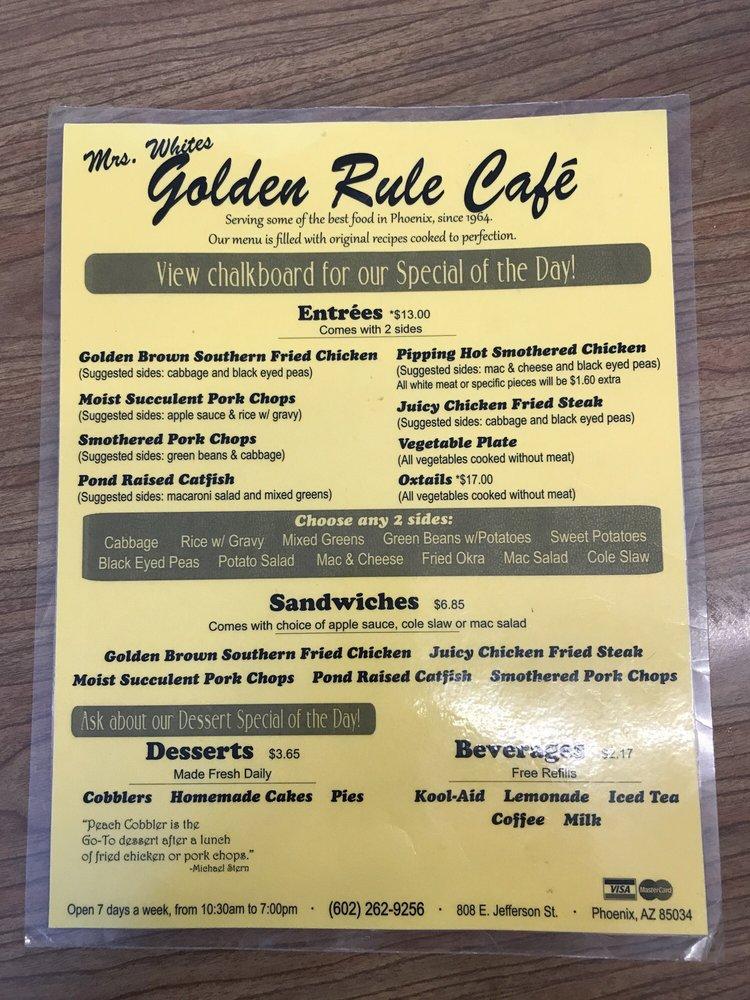 Menu at Mrs. White's Golden Rule Cafe, Phoenix