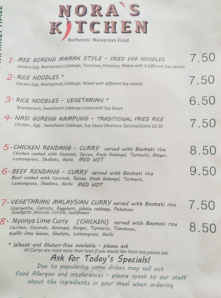 Menu at Nora's Kitchen restaurant, Tenby, Market