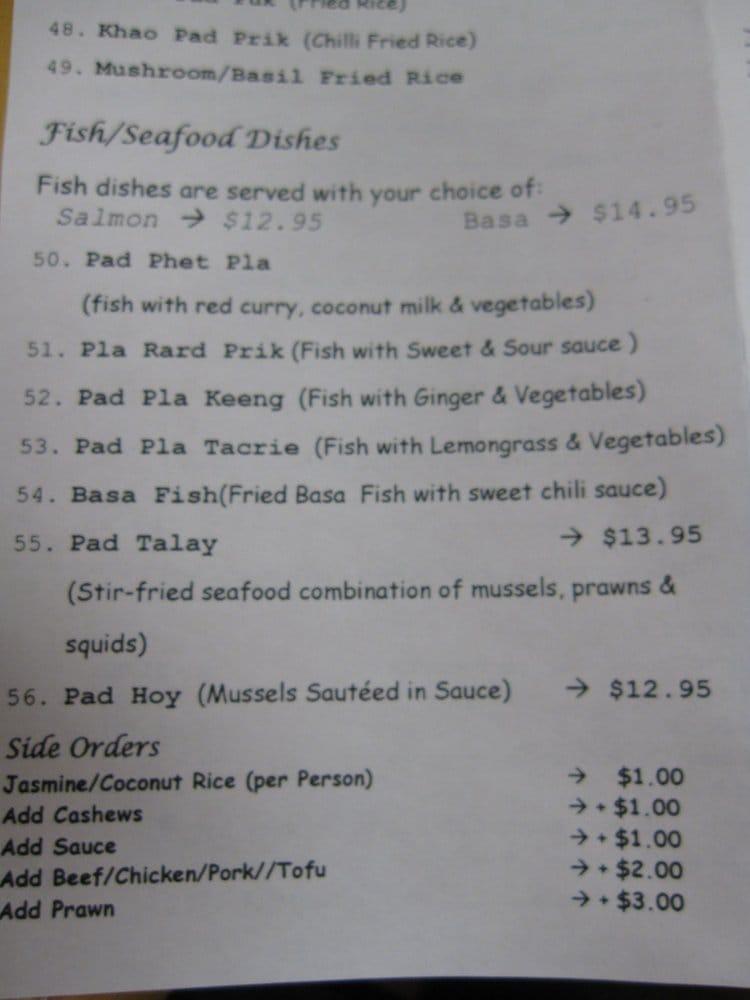 Menu at Thida's Thai Restaurant, Winnipeg