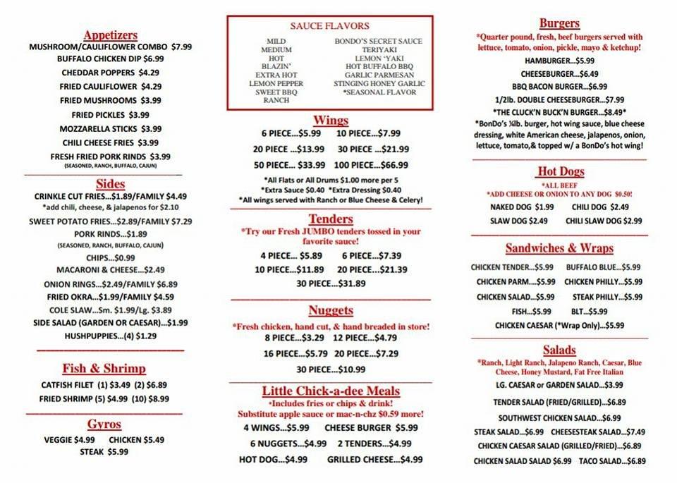 Menu at BonDo's restaurant, McDonough
