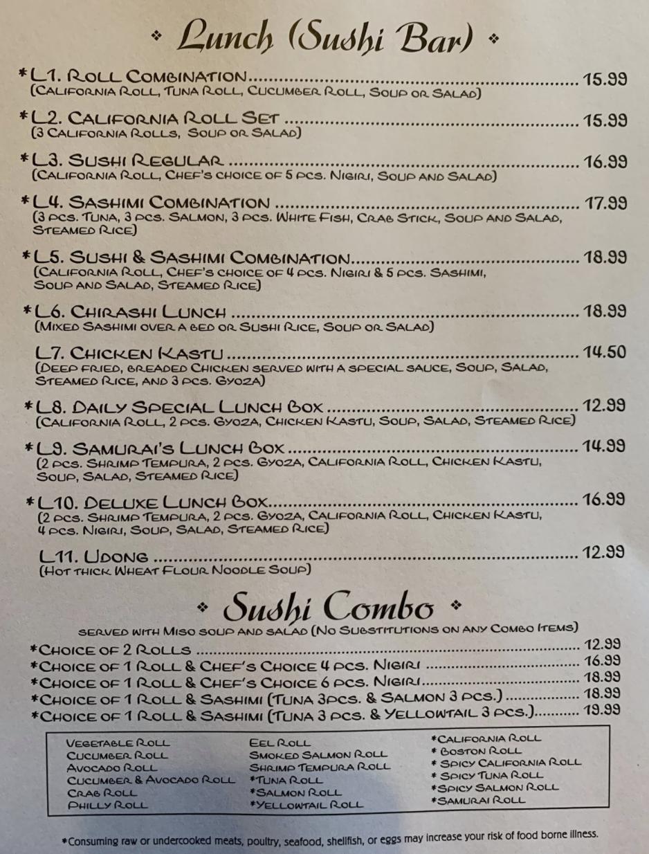 Menu at Japan Samurai restaurant, Chesapeake