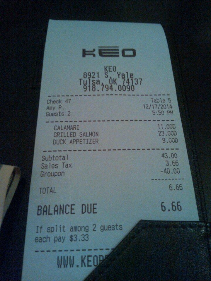 Menu at KEO restaurant, Tulsa, S Yale Ave